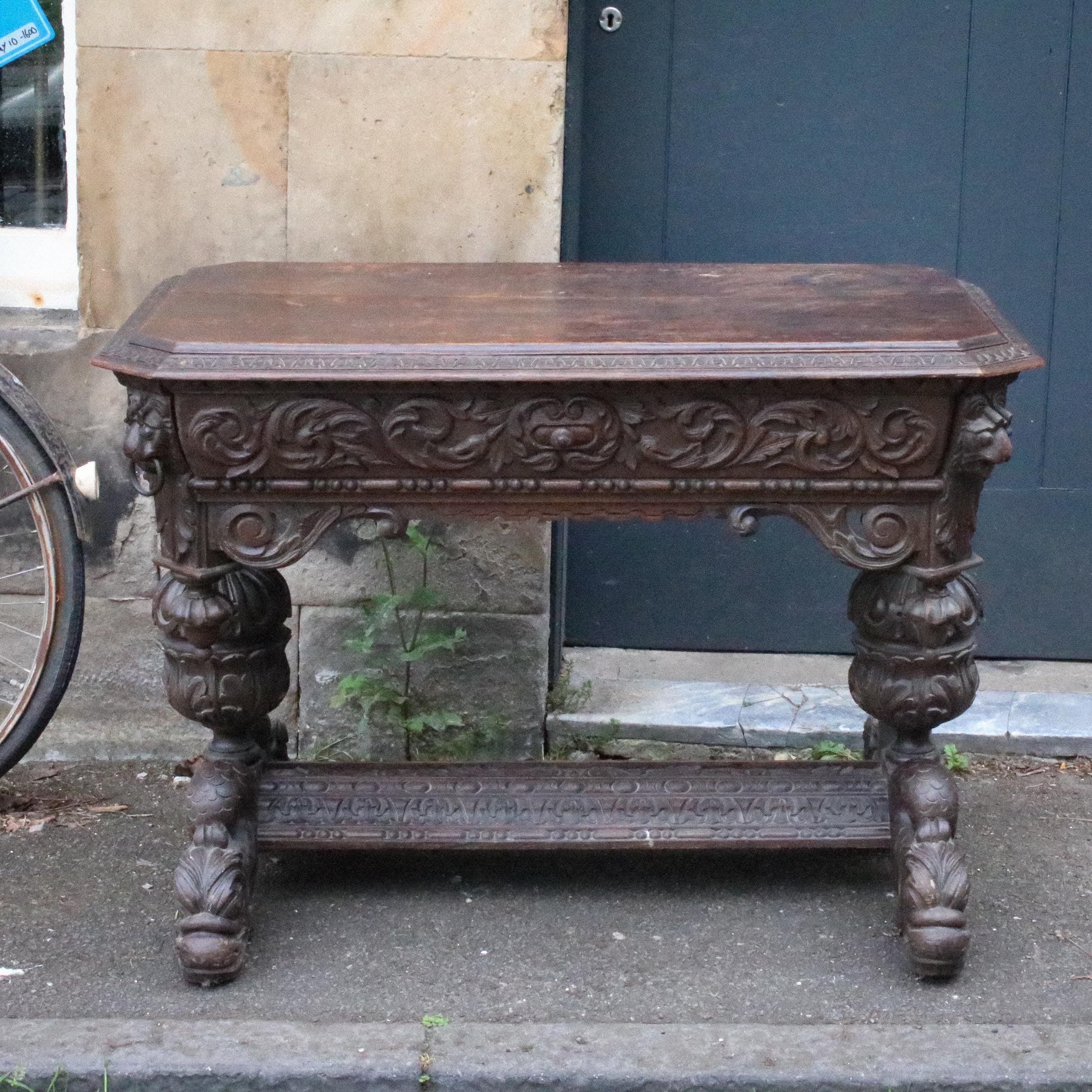 Antique C.1850 Hand-Carved Table with Mythical Sea Creatures – 97.5 x ...